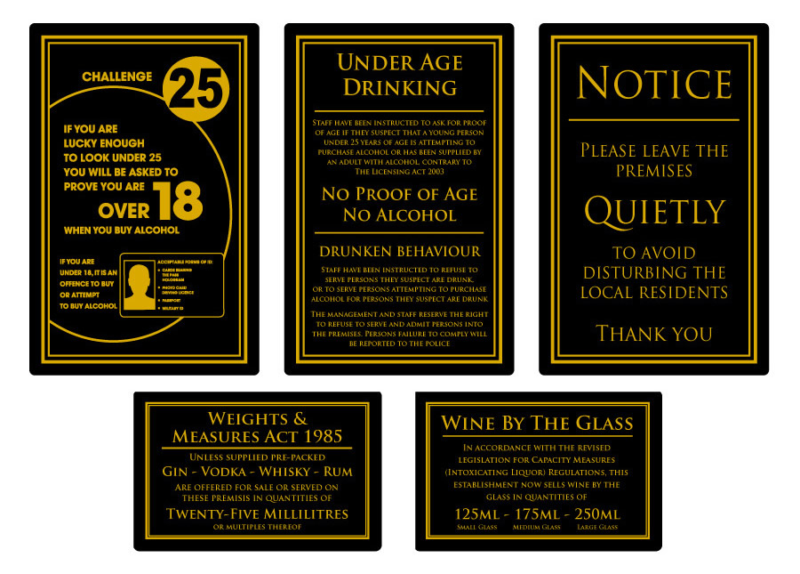 Essential Pub Legal Signs & Notices Pack - Black (Gold Text)